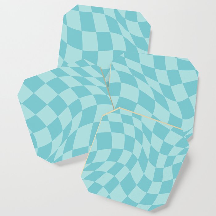 Warped Checkered Pattern in Aqua Blue, Wavy Checkerboard Coaster by ...