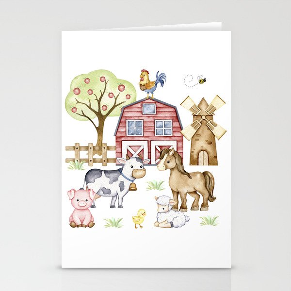Watercolor Farm Animals Scene Stationery Cards by decampstudios | Society6