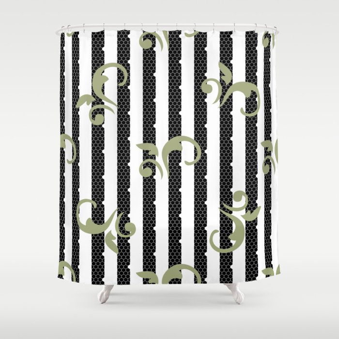 Sage Green Lace Paisley And White Dots On Black And White Stripes