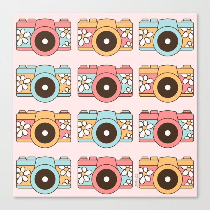 Retro Camera Pattern With Daisies Canvas Print by Bobbie Val | Society6