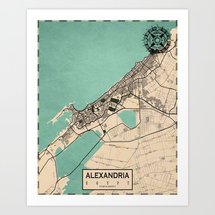Alexandria City Map of Egypt - Vintage Art Print by deMAP Studio | Society6