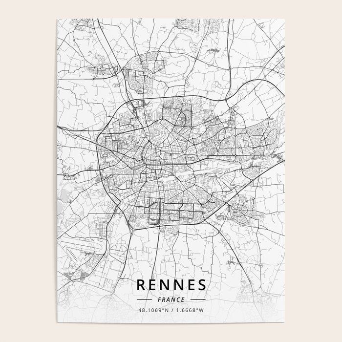 Rennes, France - Light Map Poster by Designer Map Art | Society6
