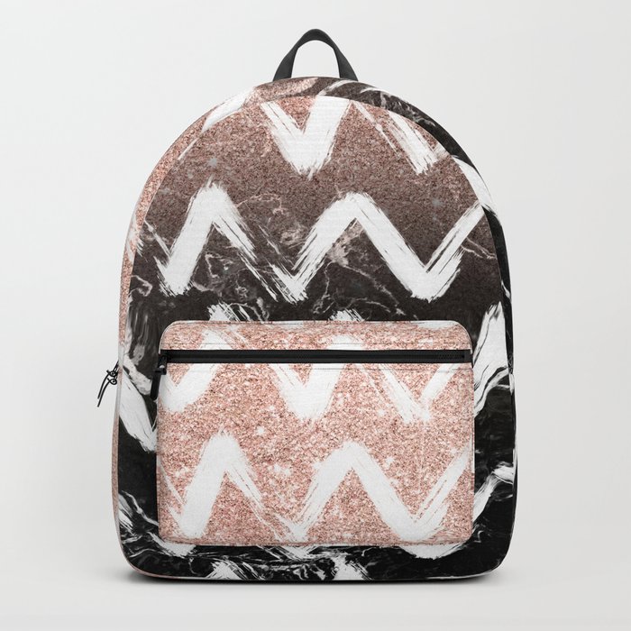 Modern Faux Rose Gold Glitter Black Marble Chevron Backpack By Audrey