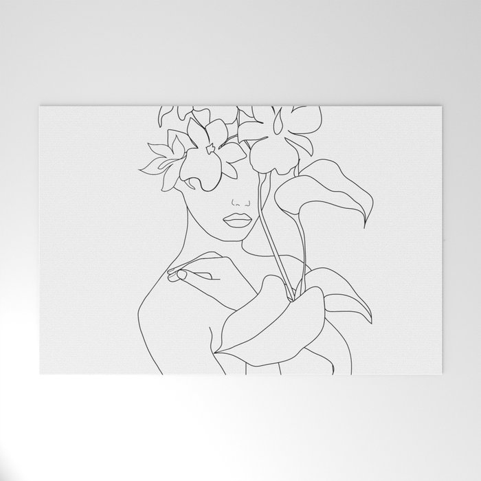 Minimal Line Art Woman With Flowers V Welcome Mat By Nadja Society6