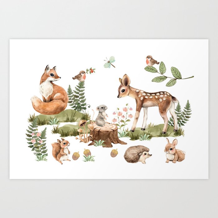 Watercolor Woodland Animals Art Print by decampstudios | Society6
