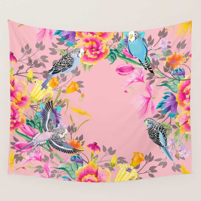 Stardust Pink Floral Birds Motif Wall Tapestry by Sharon Mau | Society6