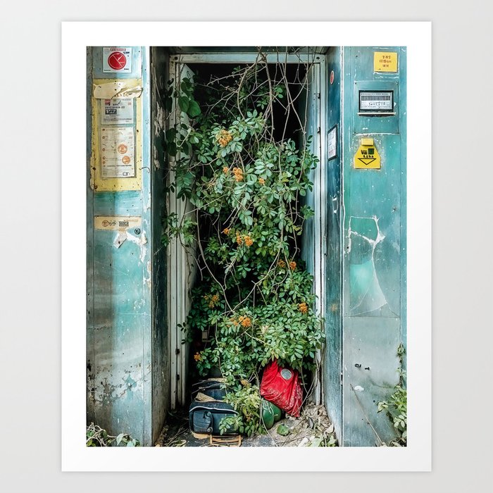 Urban Architecture Overgrown by Plants and Tree with Red and Blue Items ...