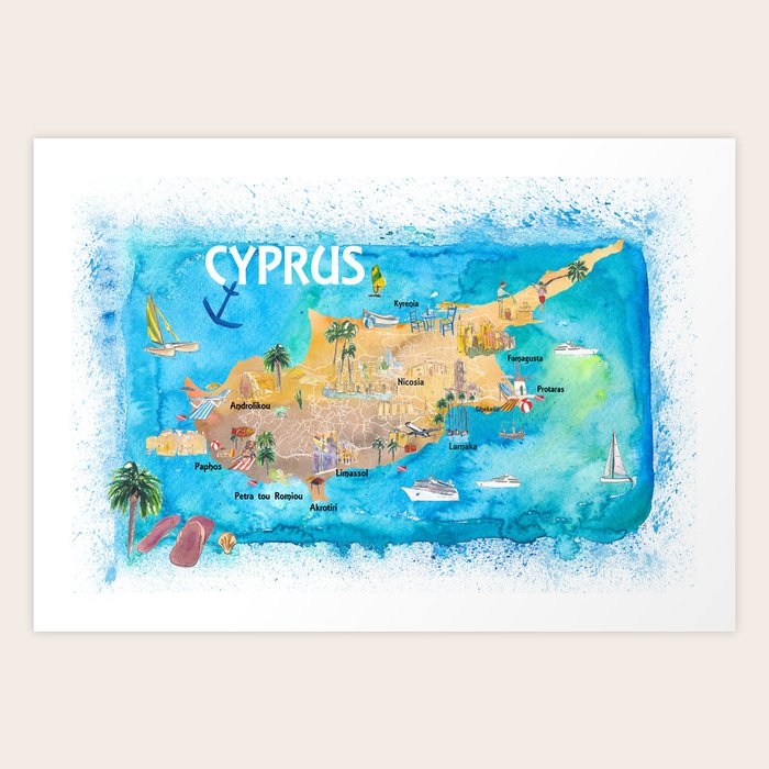 Cyprus Illustrated Map with Main Roads Landmarks and Highlights Art ...