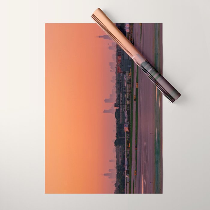 Empty Airport Runways with Chicago Skyline Silhouette and Orange ...