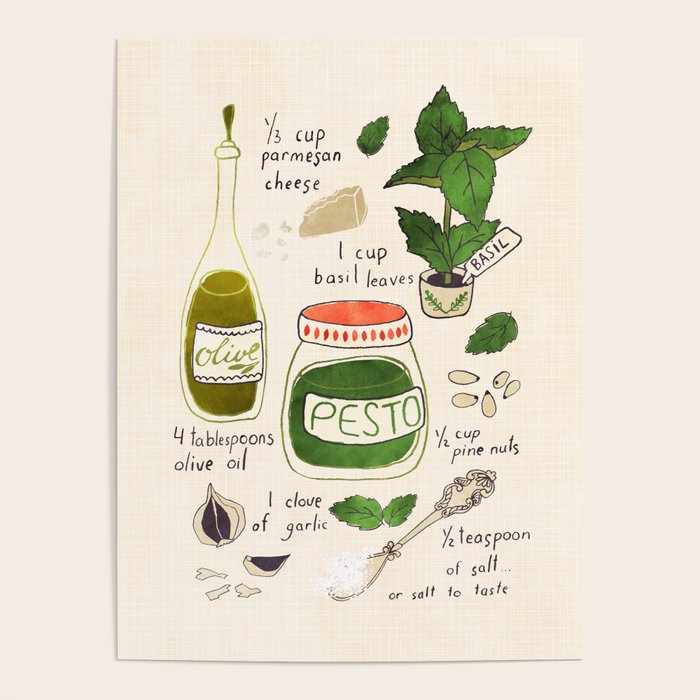 Pesto. Illustrated Recipe. Poster by Lidiebug | Society6