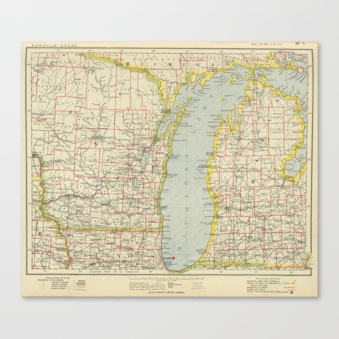 Vintage Map of Lake Michigan (1883) Canvas Print by BravuraMedia | Society6