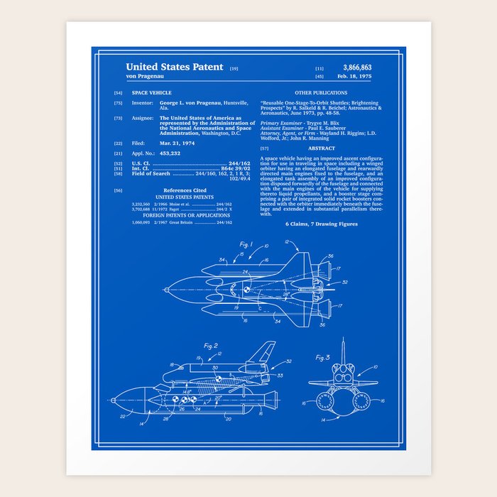 Space Shuttle Patent - Blueprint Art Print by Finlay McNevin | Society6