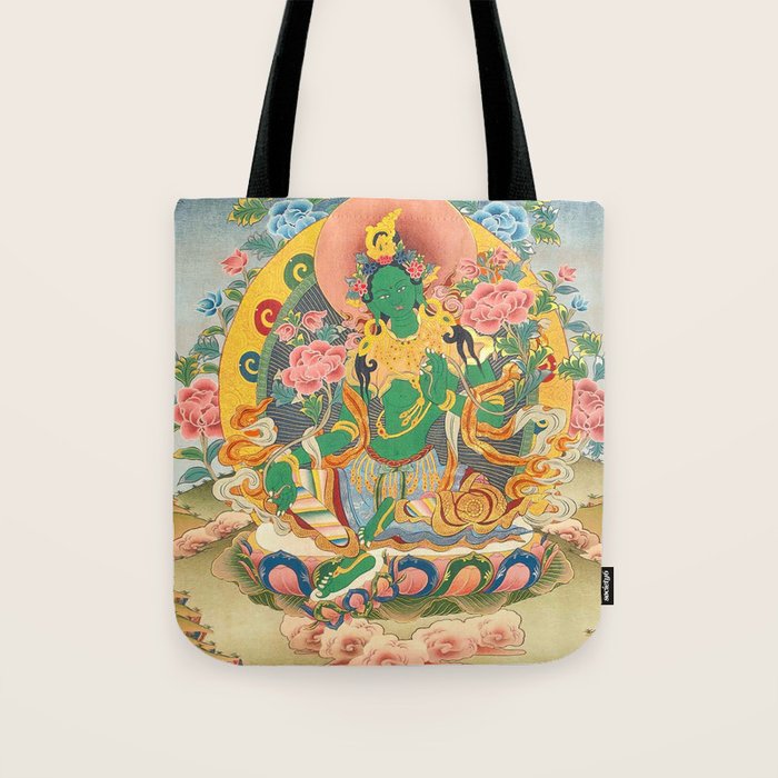 Green Tara On Lotus Throne - Buddhist Thangka Tote Bag by walltowall ...
