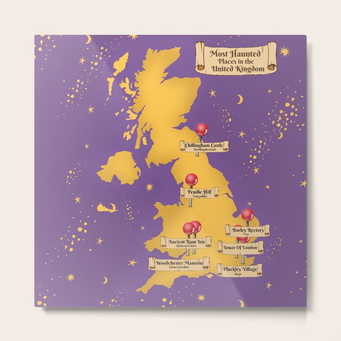 Map Of the Most Haunted Locations of the United Kingdom. Metal Print by ...