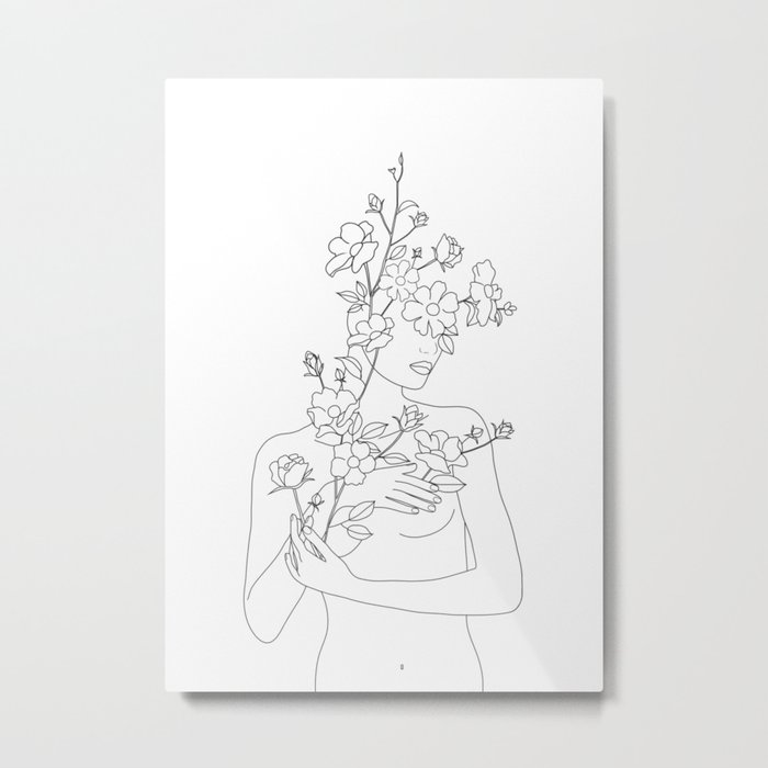Minimal Line Art Woman With Wild Roses Metal Print By Nadja Society6