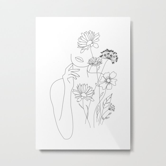 Minimal Line Art Woman With Flowers Iii Metal Print By Nadja Society6