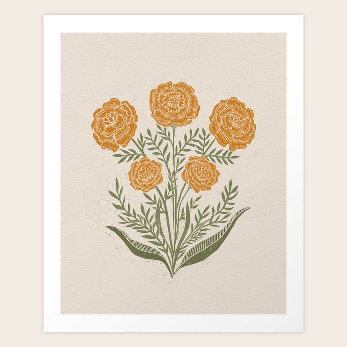 Marigold Block Print Art Print by Lathe and Quill | Society6