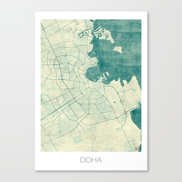 Doha Map Blue Vintage Canvas Print by City Art Posters | Society6