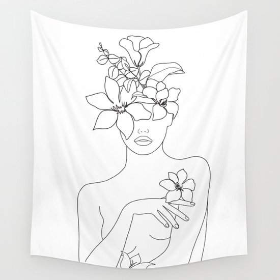 Minimal Line Art Woman With Flowers Iv Wall Tapestry By Nadja1 Society6