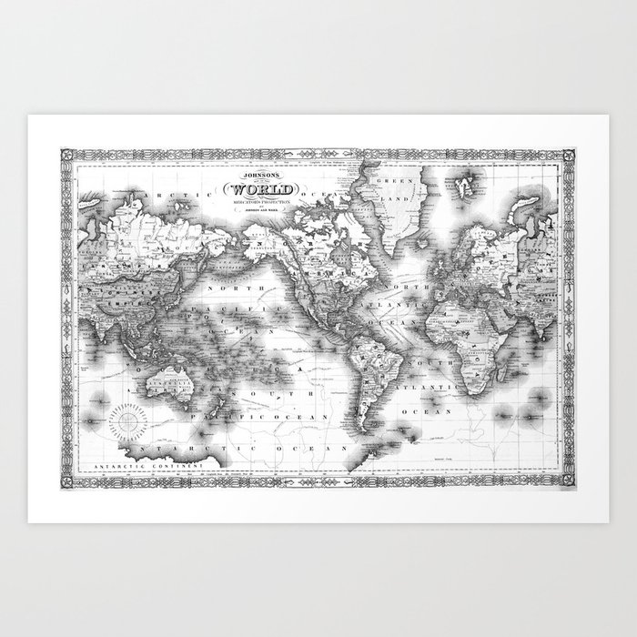 Black and White World Map (1864) 2 Art Print by BravuraMedia | Society6