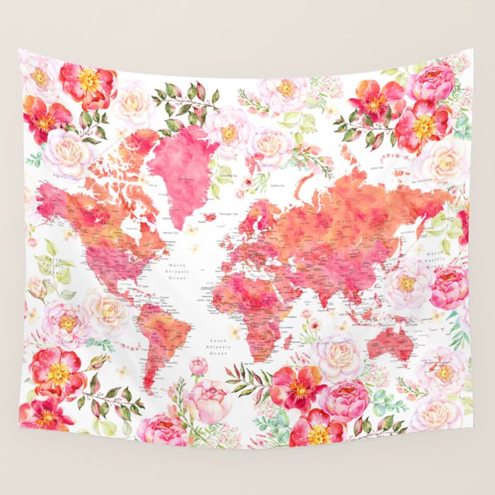 Floral world map with cities in hot pink watercolor Wall Tapestry by ...