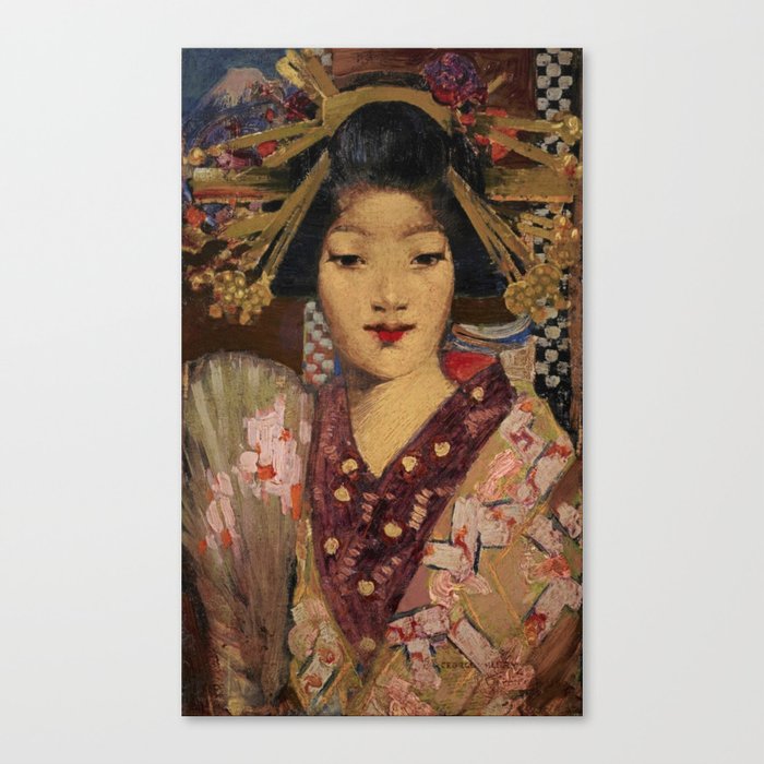 Geisha in kimono with lilies traditional floral portrait painting by ...