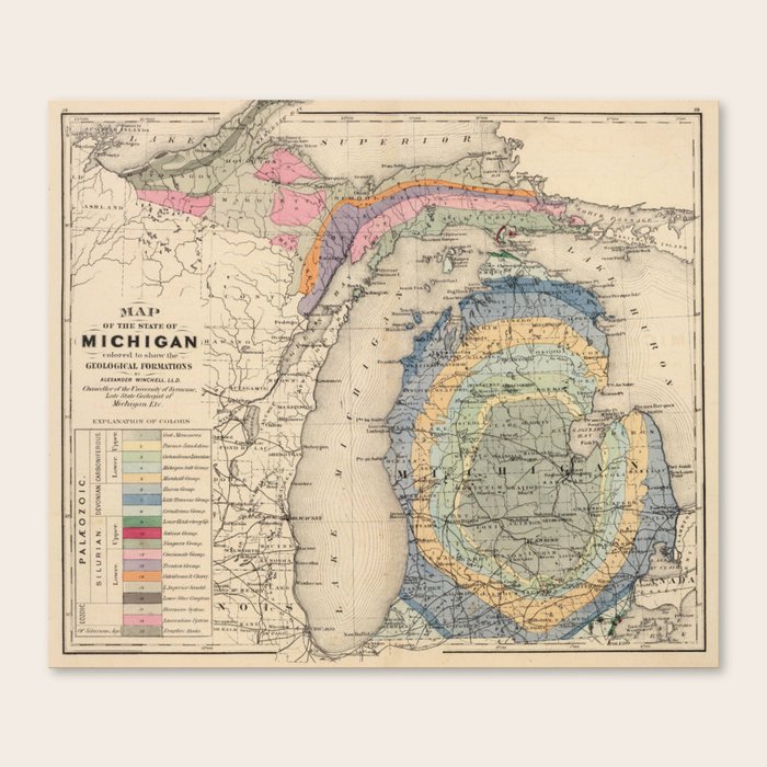 Vintage Michigan Geology Map (1873) Canvas Print by BravuraMedia | Society6