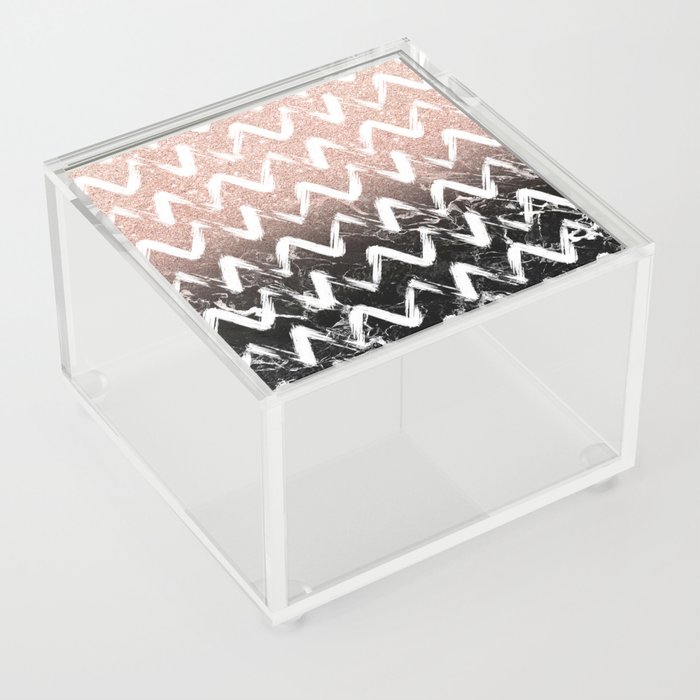 Modern Faux Rose Gold Glitter Black Marble Chevron Acrylic Box By