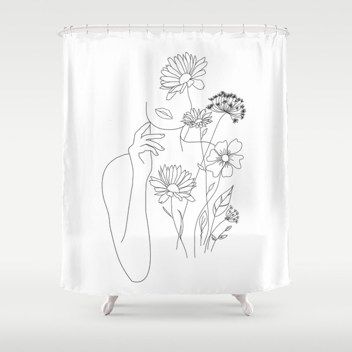 Minimal Line Art Woman With Flowers Iii Shower Curtain By Nadja Society6