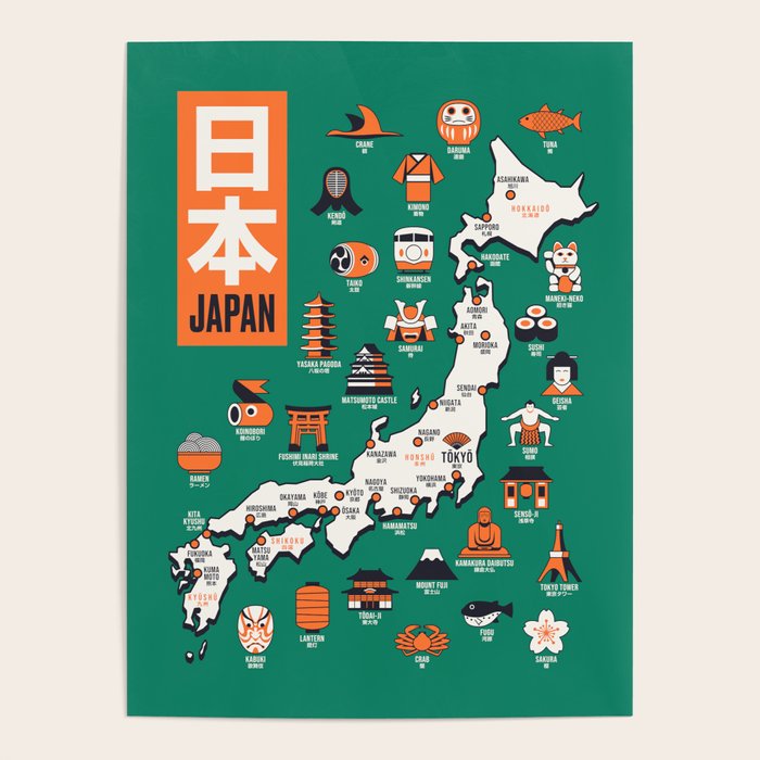 Japan Map - Outline Green Poster by neotokyo | Society6