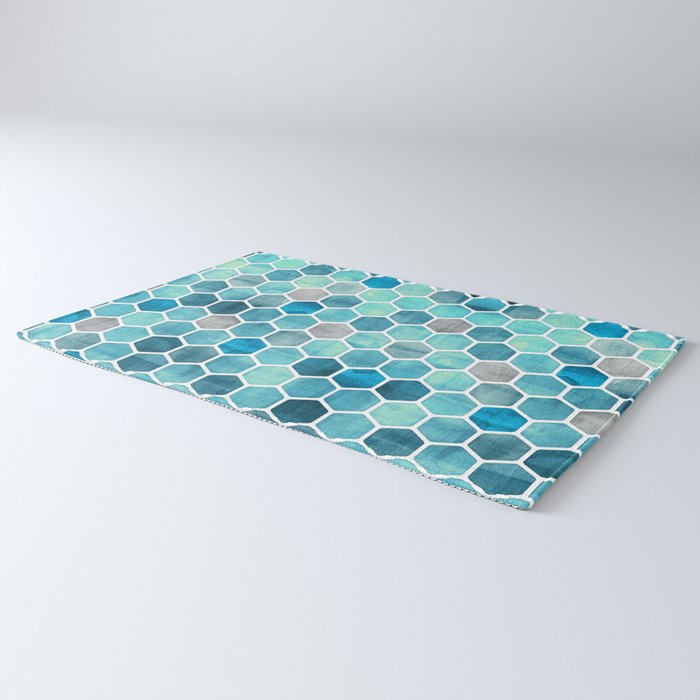 Blue Ink - watercolor hexagon pattern Rug by micklyn | Society6