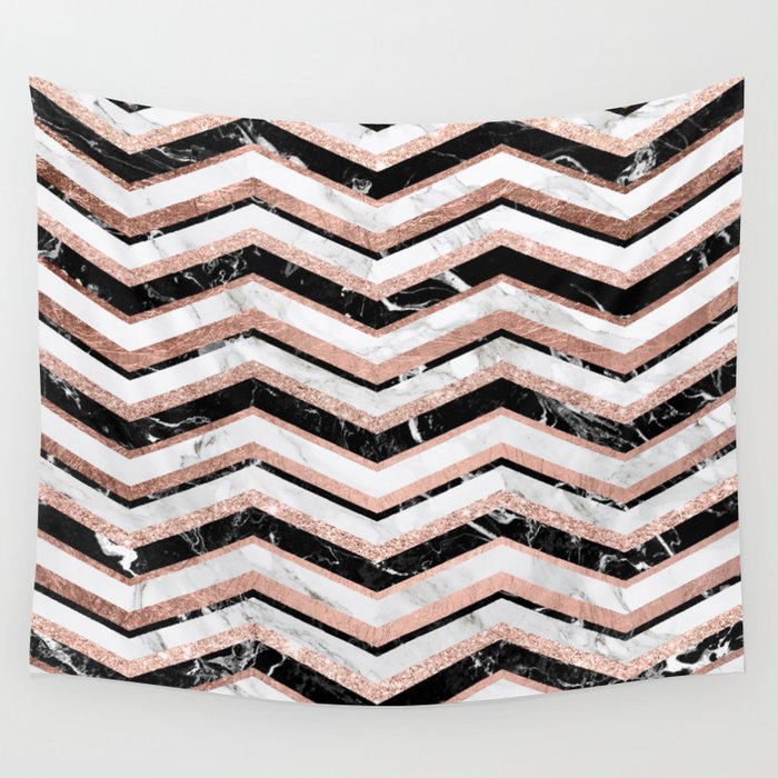 Modern Trendy Faux Rose Gold Black White Marble Chevron Wall Tapestry