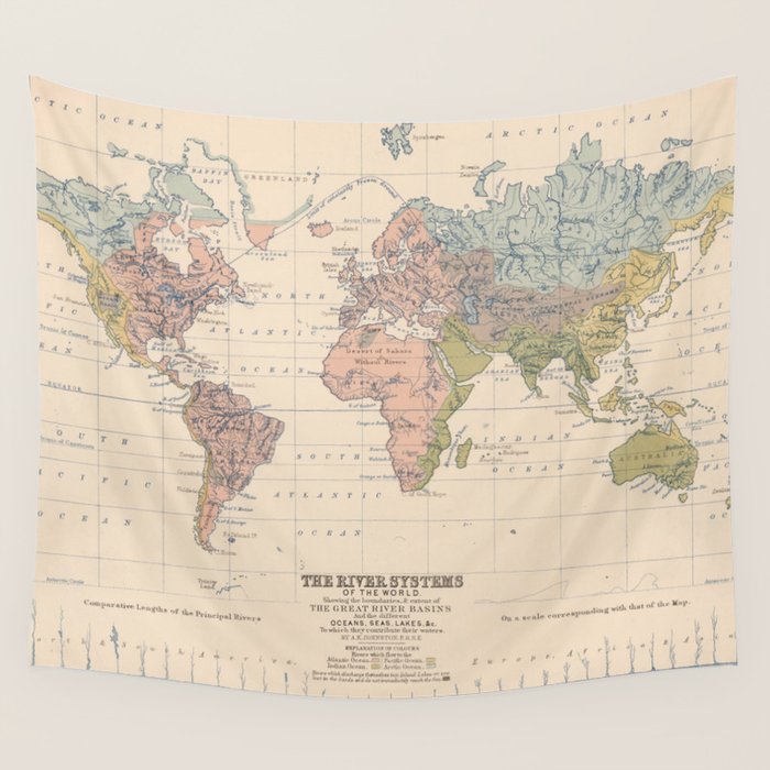 Vintage River Systems World Map (1852) Wall Tapestry by BravuraMedia ...