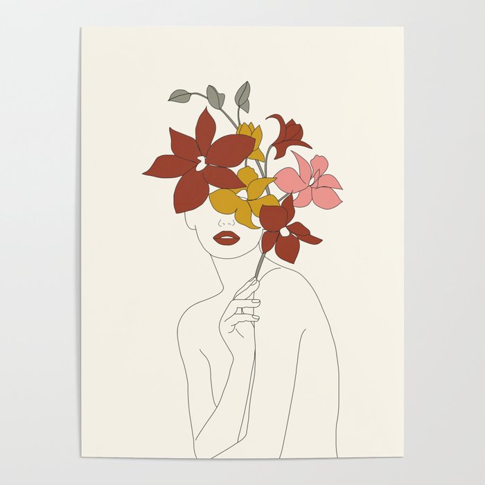 Colorful Thoughts Minimal Line Art Woman With Orchids Poster By Nadja