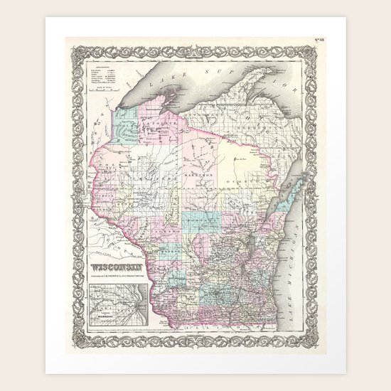 Vintage Map of Wisconsin (1855) Art Print by BravuraMedia | Society6