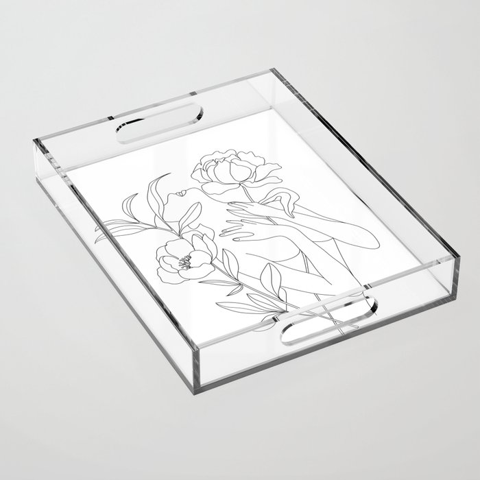Minimal Line Art Woman With Peonies Acrylic Tray By Nadja Society6