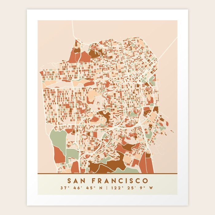 SAN FRANCISCO CALIFORNIA CITY MAP EARTH TONES Art Print by deificus Art ...