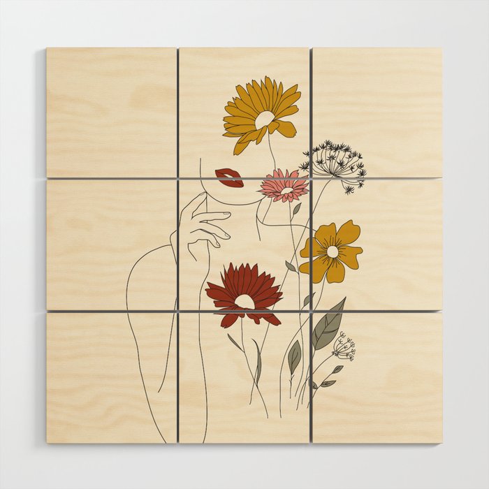 Colorful Thoughts Minimal Line Art Woman With Flowers Iii Wood Wall Art