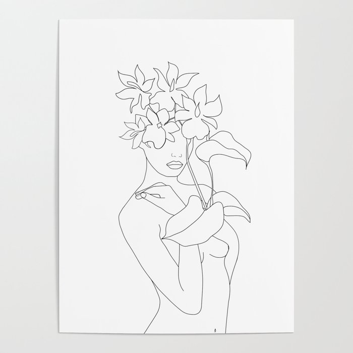 Minimal Line Art Woman With Flowers V Poster By Nadja Society6