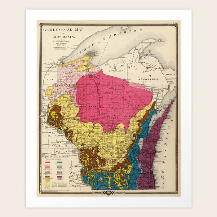 Vintage Wisconsin Geology Map (1878) Art Print by BravuraMedia | Society6