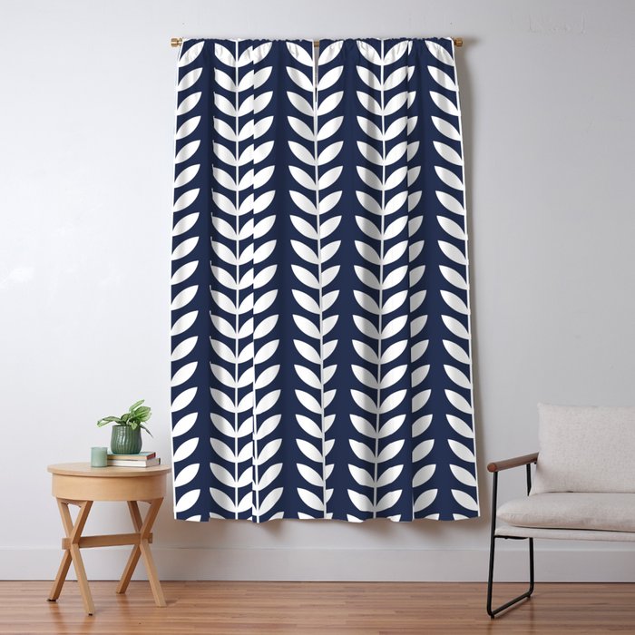 Navy Blue and White Scandinavian leaves pattern Blackout Curtain by SEAFOAM12 Society6