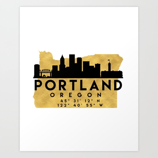 PORTLAND OREGON SILHOUETTE SKYLINE MAP ART Art Print by deificus Art ...