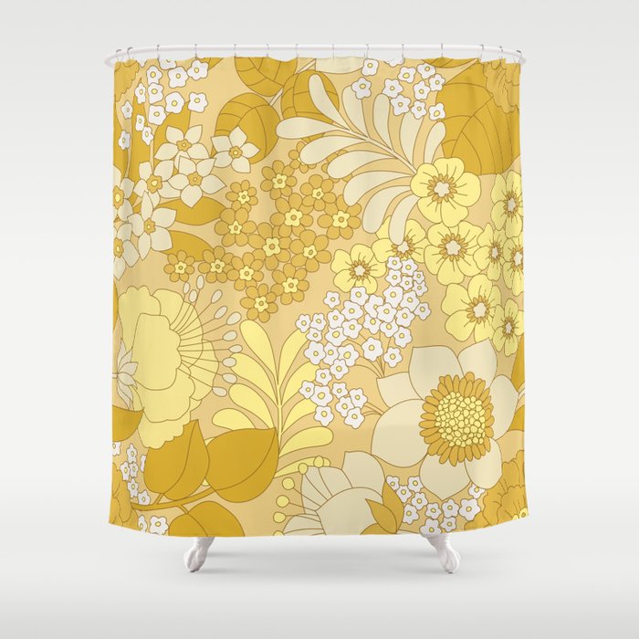 Yellow Ivory And Brown Retro Floral Pattern Shower Curtain By