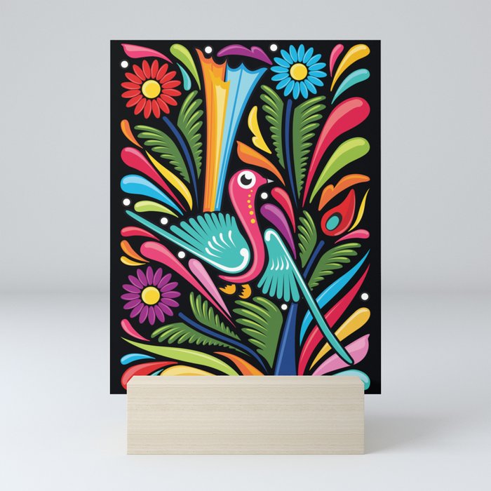 Mexican Otomi - Colorful Bird in Black Background by Akbaly Mini Art ...