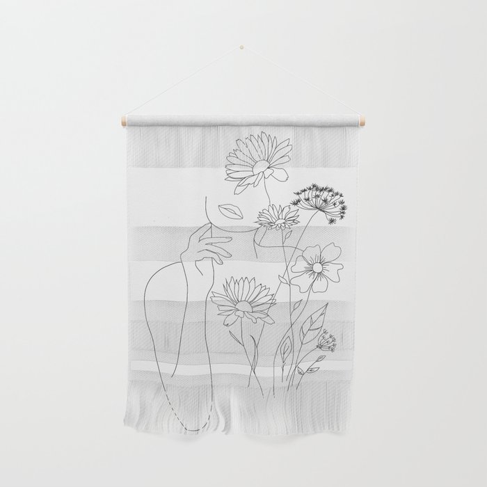 Minimal Line Art Woman With Flowers Iii Wall Hanging By Nadja Society6