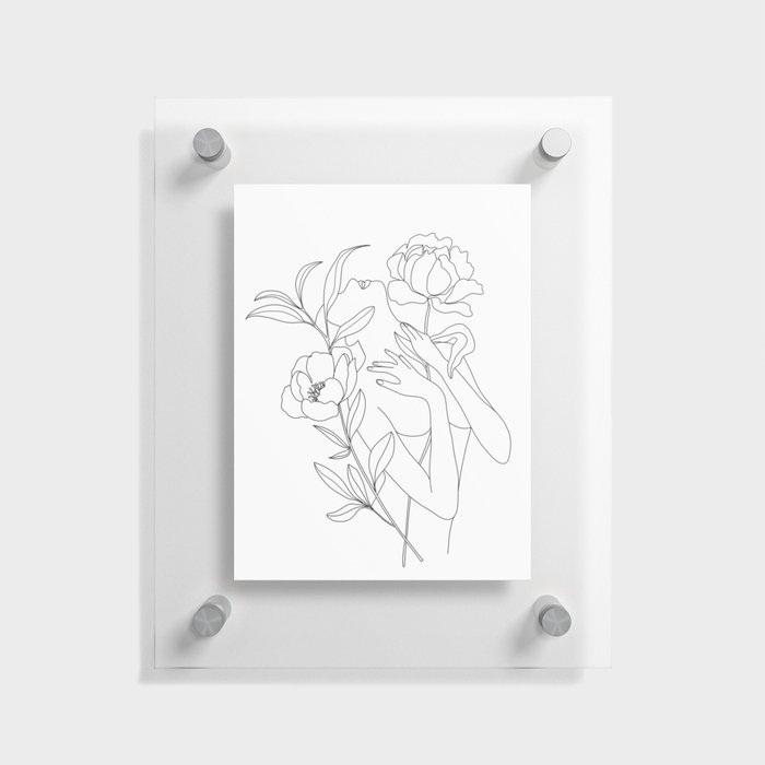Minimal Line Art Woman With Peonies Floating Acrylic Print By Nadja