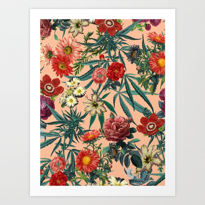 Marijuana and Floral Pattern Art Print by Burcu Korkmazyurek | Society6