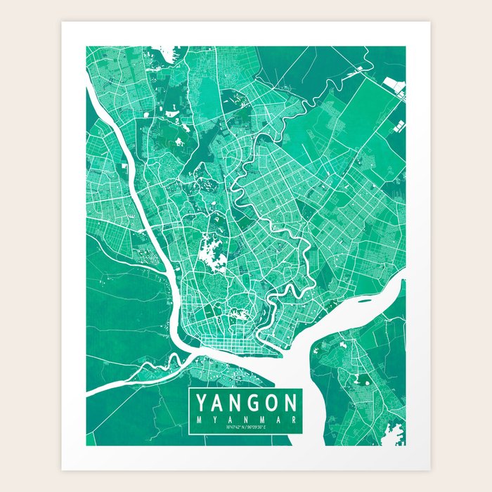 Yangon City Map of Myanmar - Watercolor Art Print by deMAP Studio ...