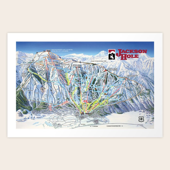Jackson Hole Trail Map Wyoming Flag Buffalo Ski Snowboard Resort Art ...