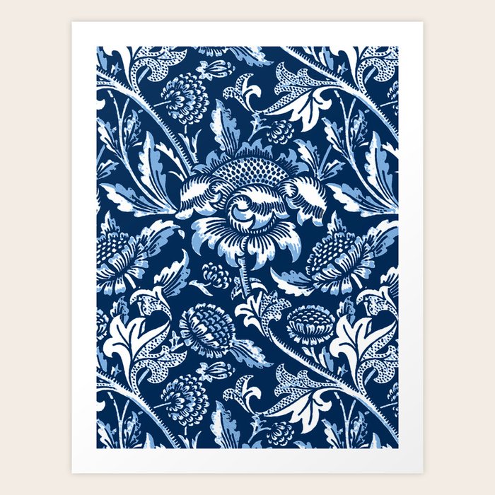 William Morris Sunflowers, Dark Blue and White Art Print by mm gladden ...